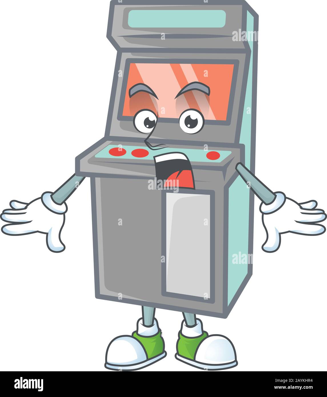 cartoon character design of arcade game machine with a surprised ...