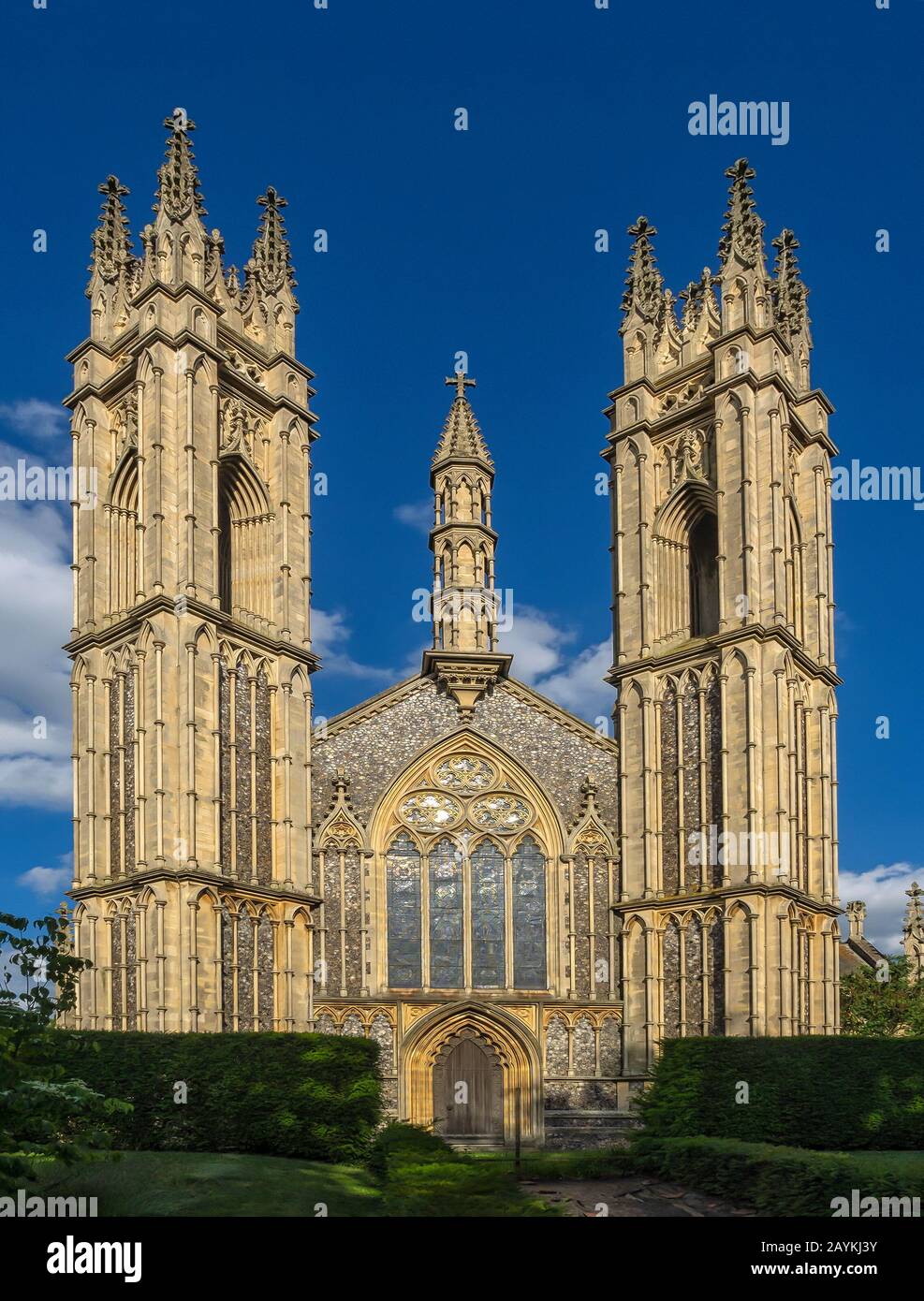 BOOTON, NORFOLK, UK - JUNE 14, 2018: View of the front facade and twin ...