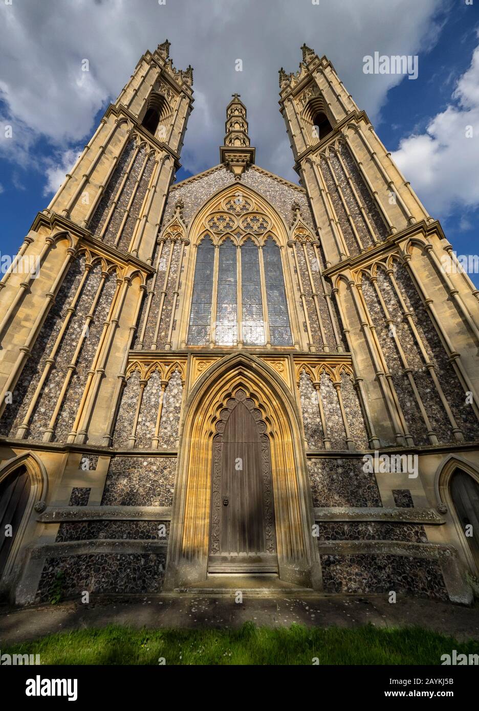 BOOTON, NORFOLK, UK - JUNE 14, 2018: View of the front facade and twin ...
