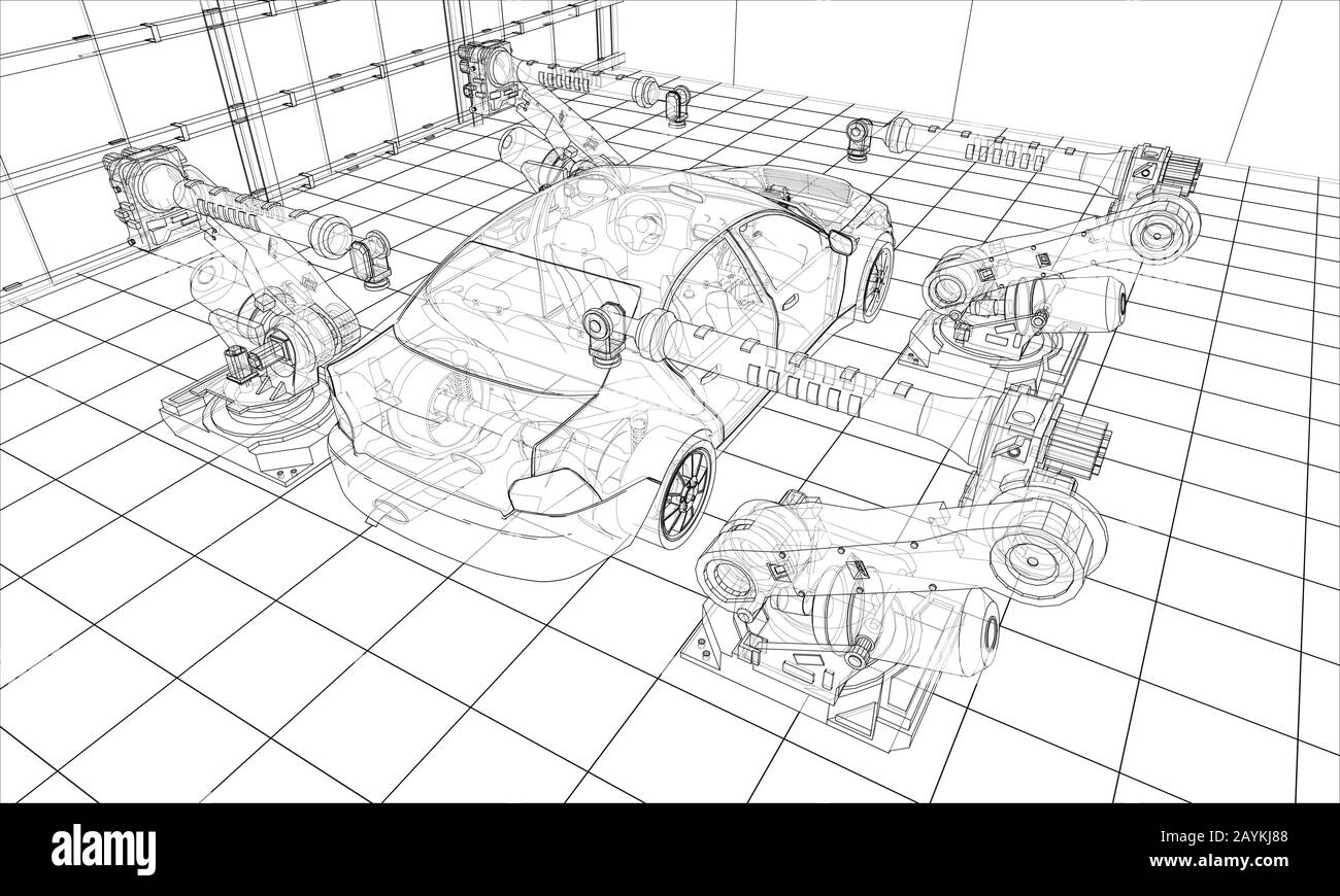 Assembly of motor vehicle. Robotic equipment makes Assembly of car ...