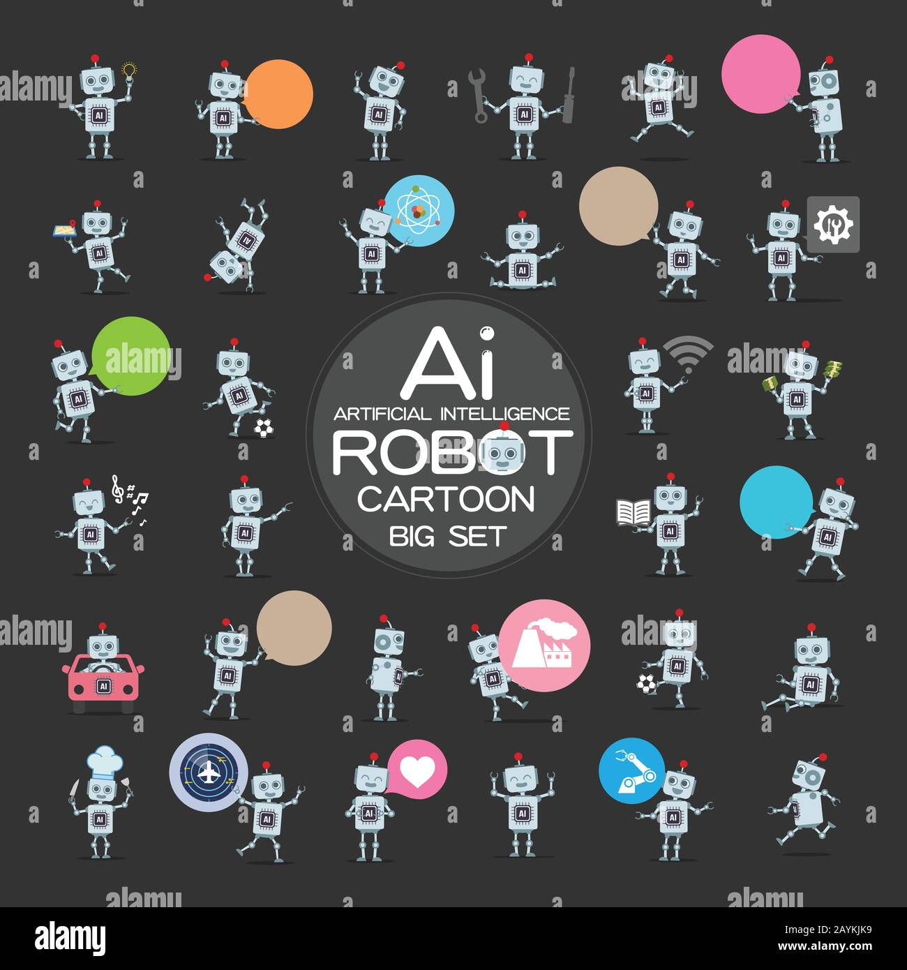 Vector illustration of big set cute cartoon AI robot, Artificial ...
