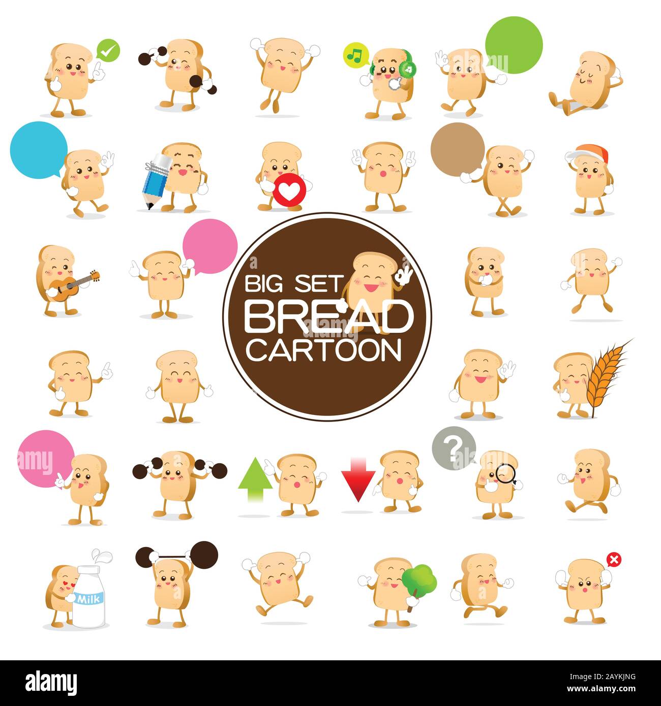 Vector illustration of big set cute bread cartoon, Difference action ...