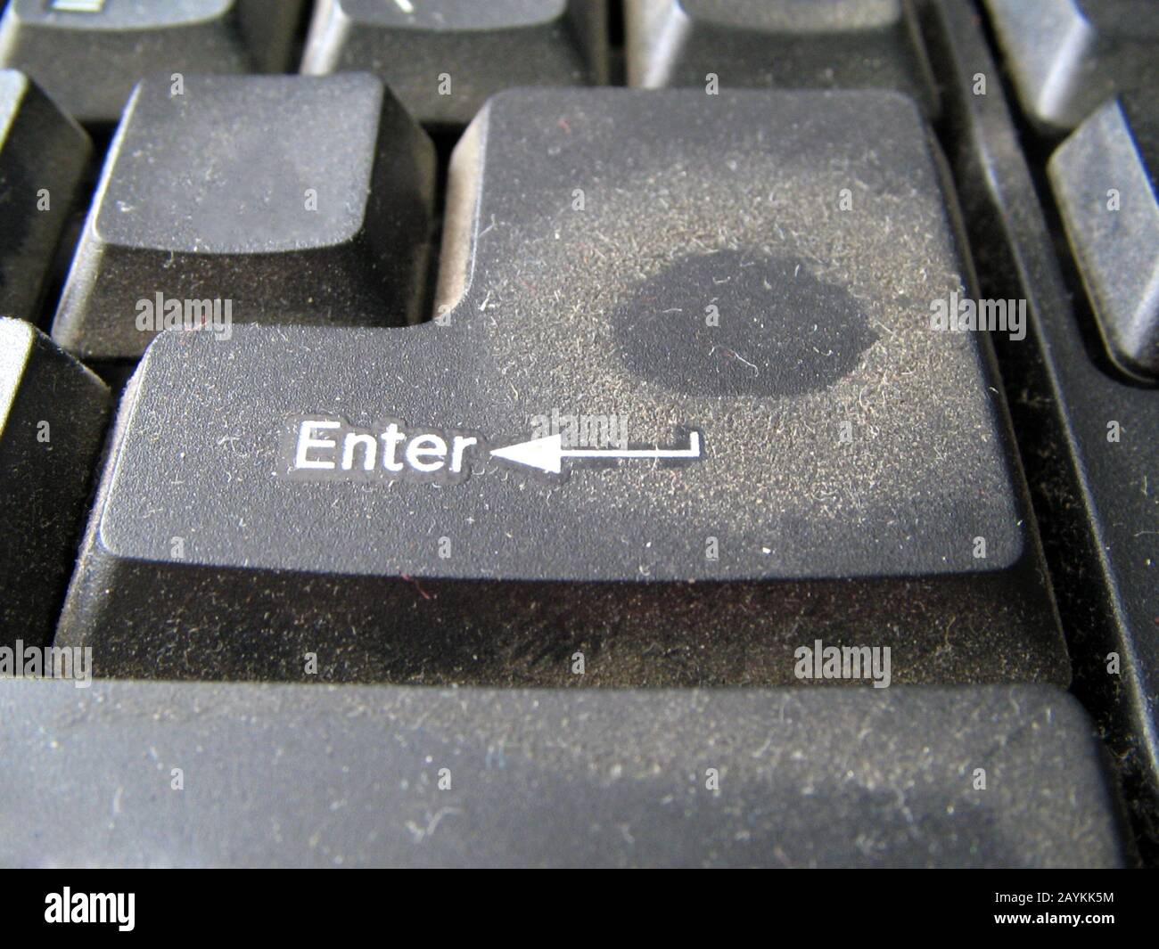 Close up of very dirty black keyboard key with an inscription Enter ...