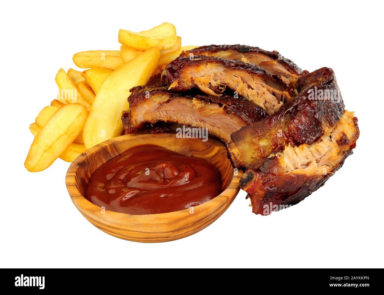 Barbecued pork ribs meal with chips and barbecue sauce dip isolated on ...