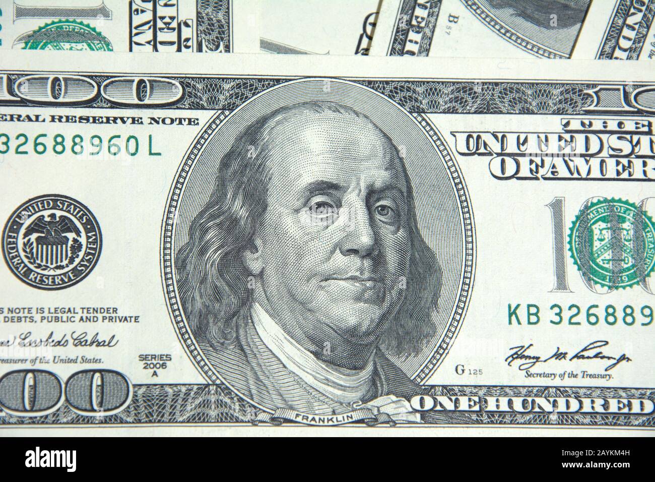 Close up view of 100 dollar banknote. One hundred us dollar banknotes ...