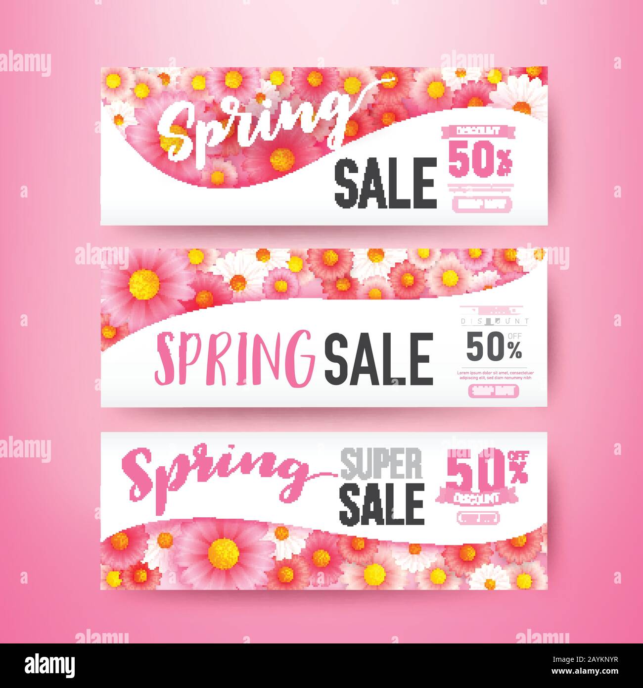 Spring sale text banner template, Set of beautiful colorful flower ...