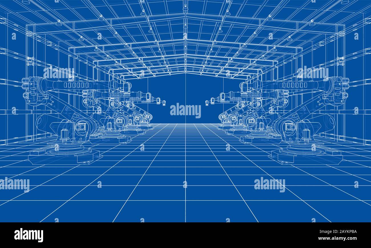 A plant with industral robots manipulators. Blueprint style. Vector ...