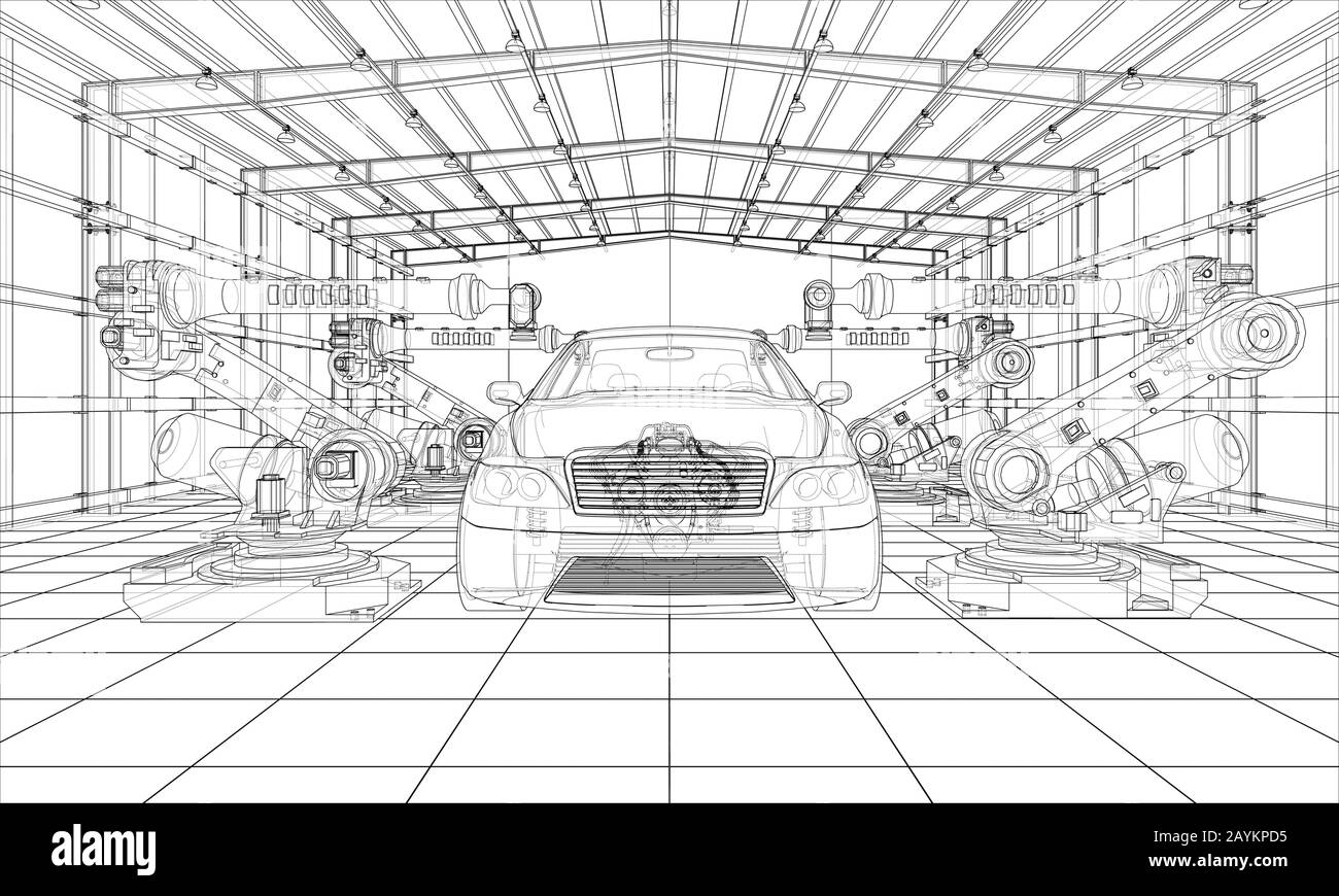 Assembly of motor vehicle. Robotic equipment makes Assembly of car ...