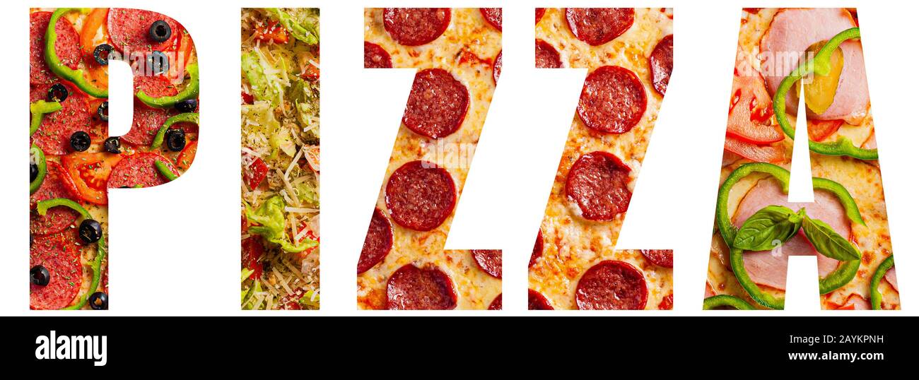 Word pizza with texture pattern of different pizzas for each letter ...