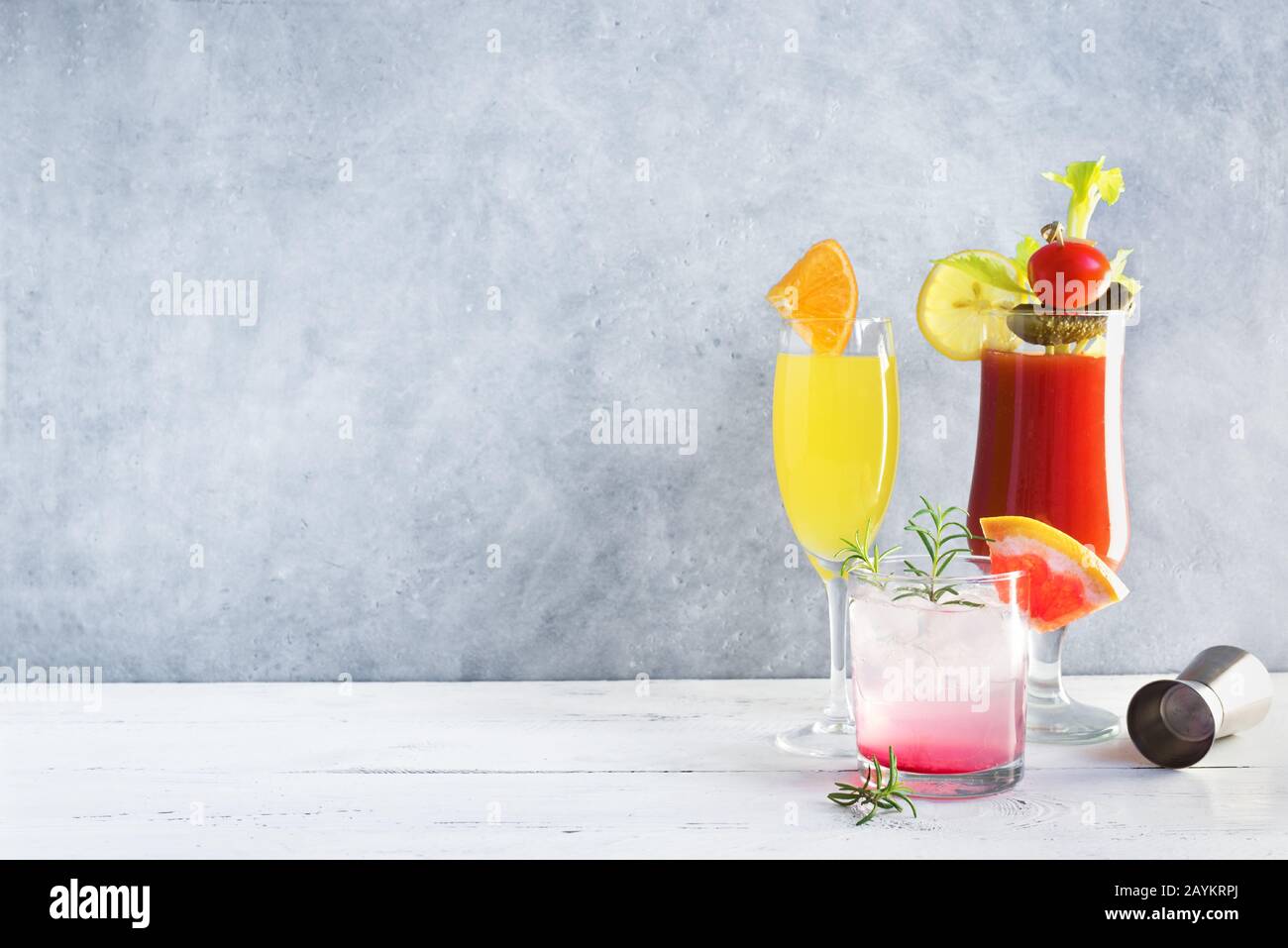 Brunch or Breakfast Cocktails Assortment. Bloody Mary, Mimosa drink and ...