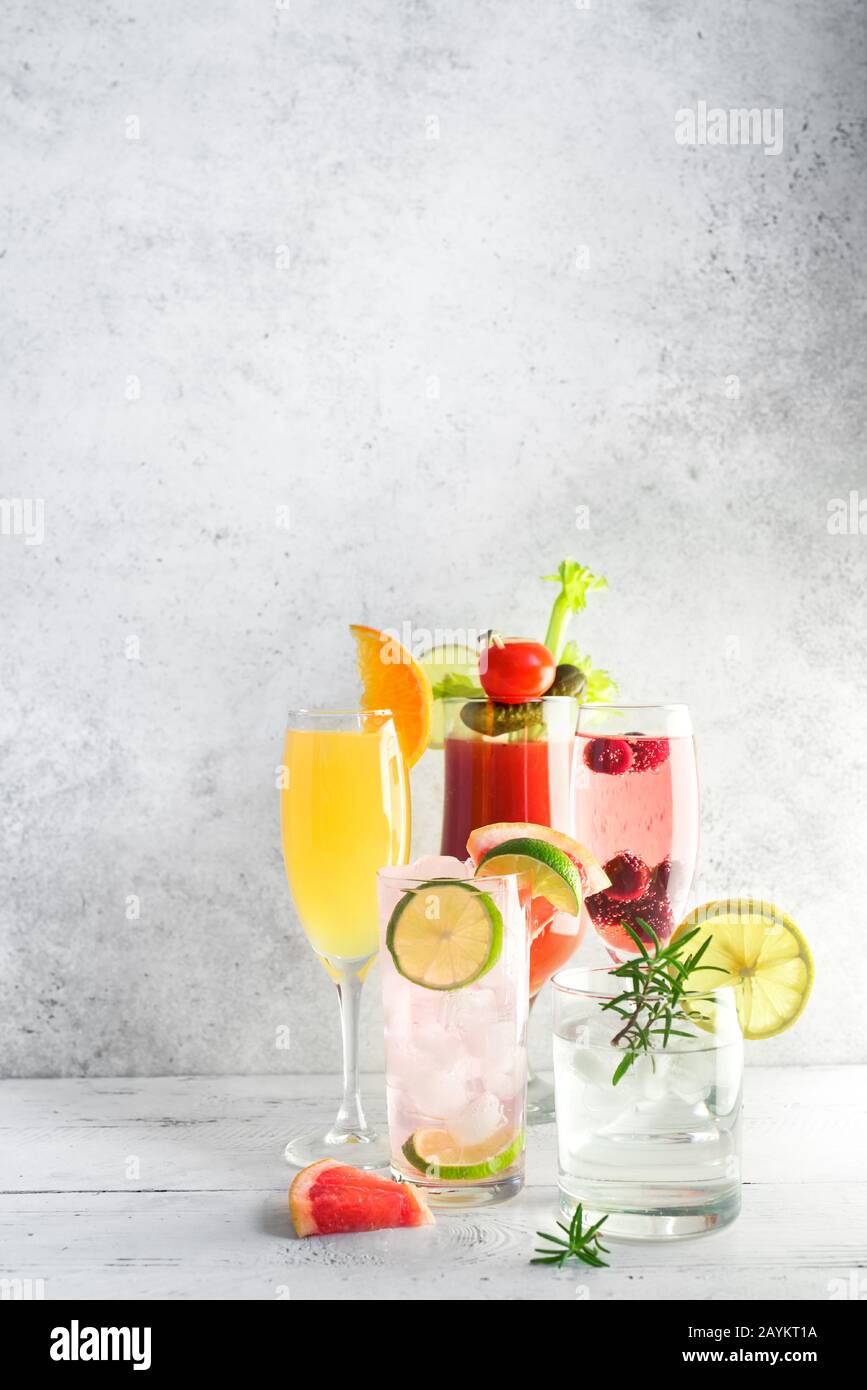 Brunch or Breakfast Cocktails Assortment. Bloody Mary, Mimosa drink and ...