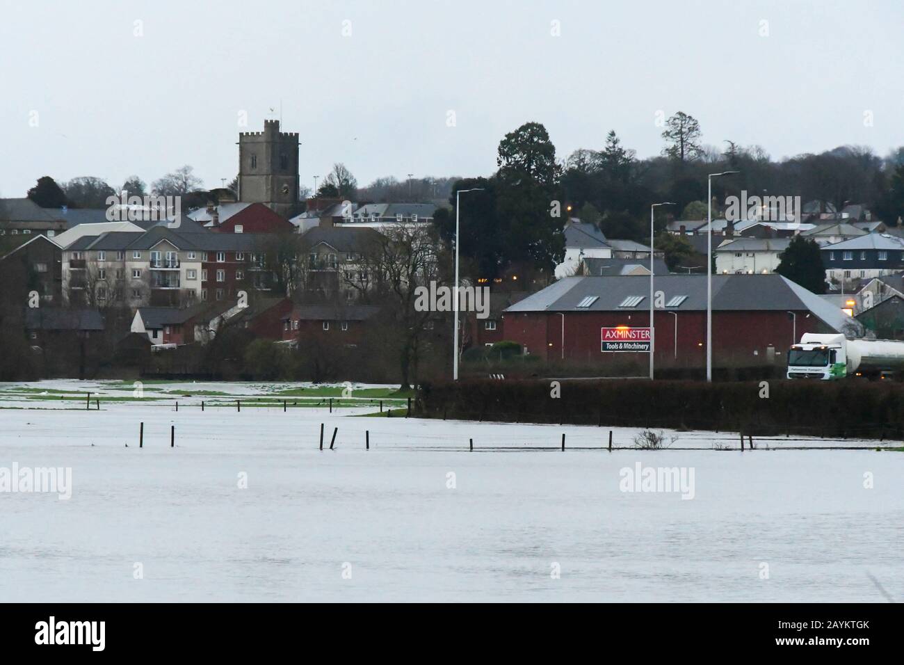 Axminster, Devon, UK. 16th February 2020. UK Weather. View of the River ...