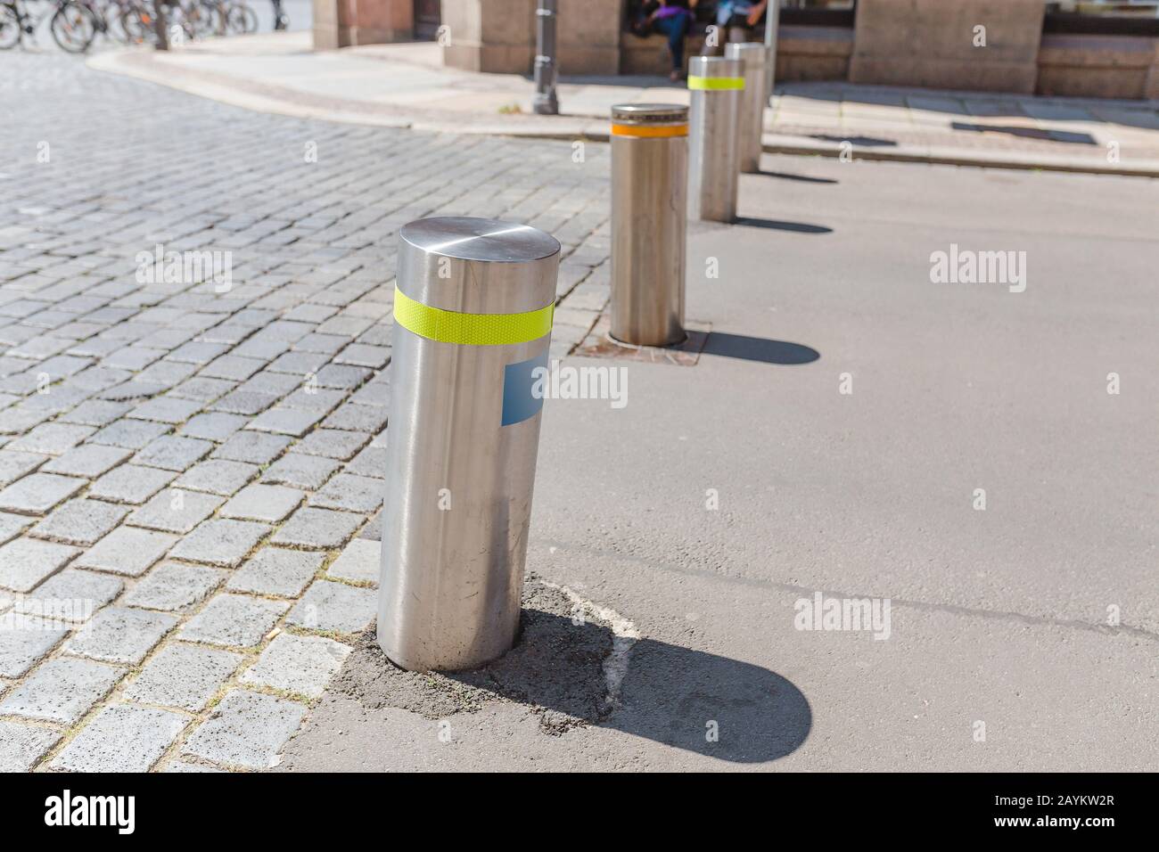 Rising stop pillars for regulation and blocking of city traffic Stock ...