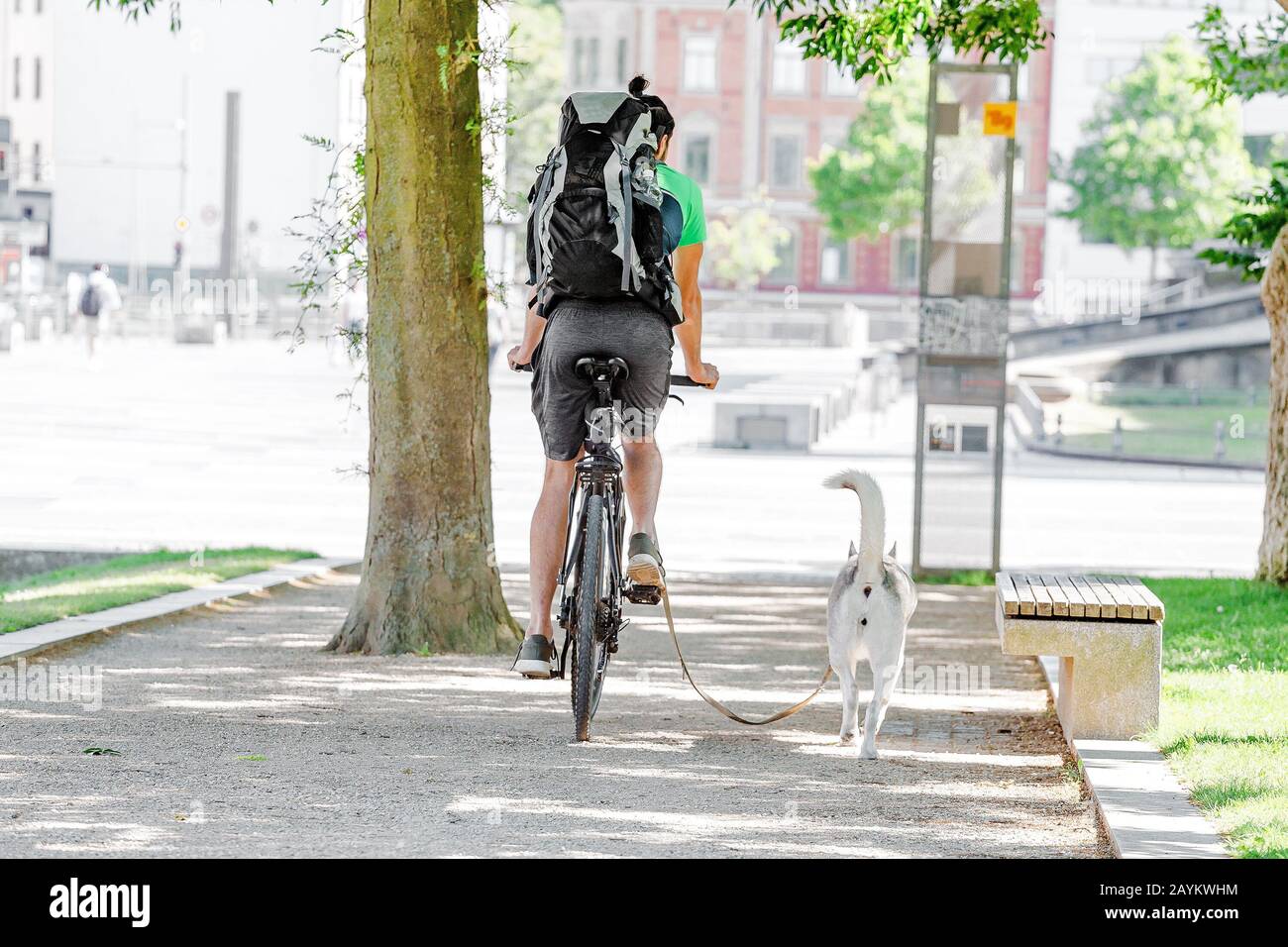 Man riding a bike with a dog on his back hi-res stock photography and ...