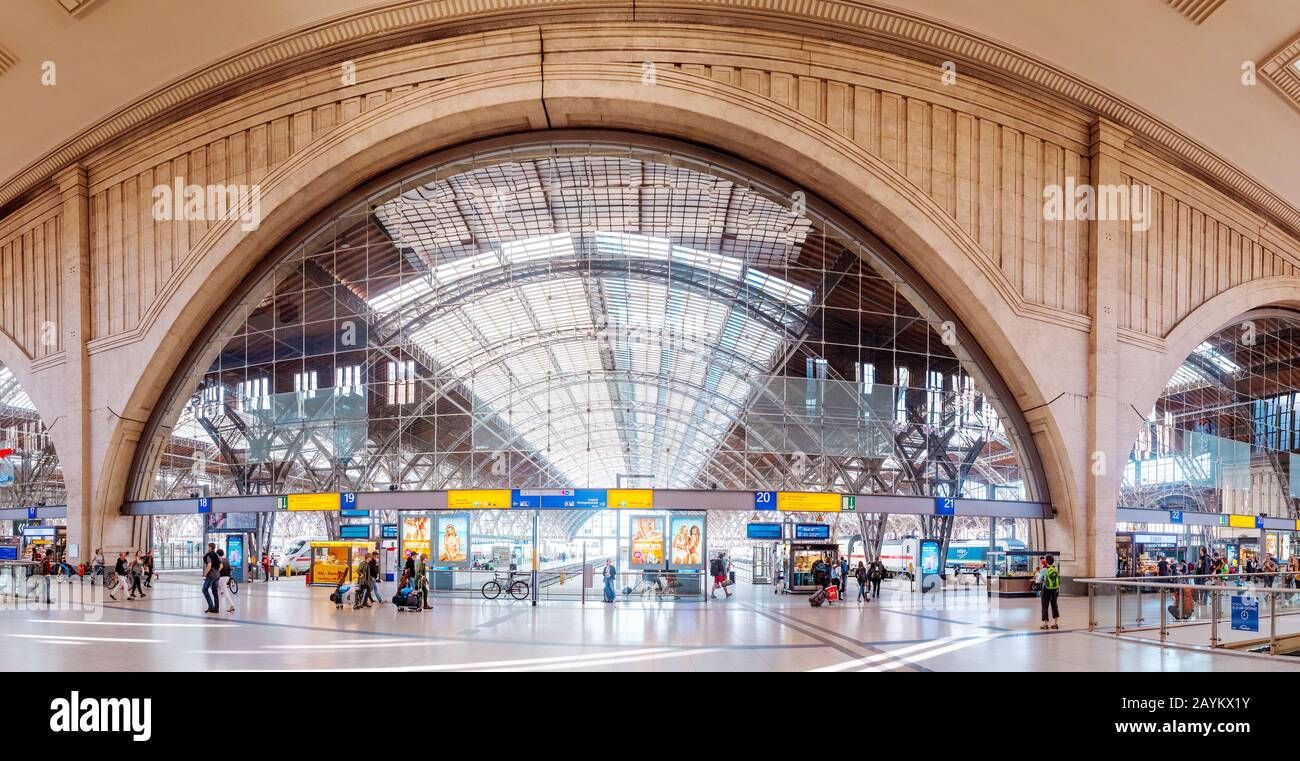 LEIPZIG, GERMANY - MAY 21, 2018: Interior of the railway station ...