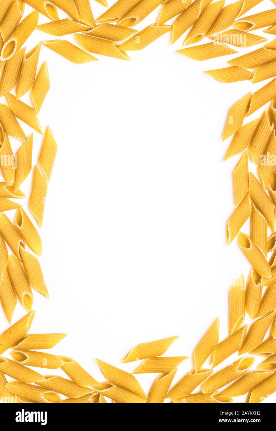 Frame of Penne pasta on white background. Template for design. Mockup ...