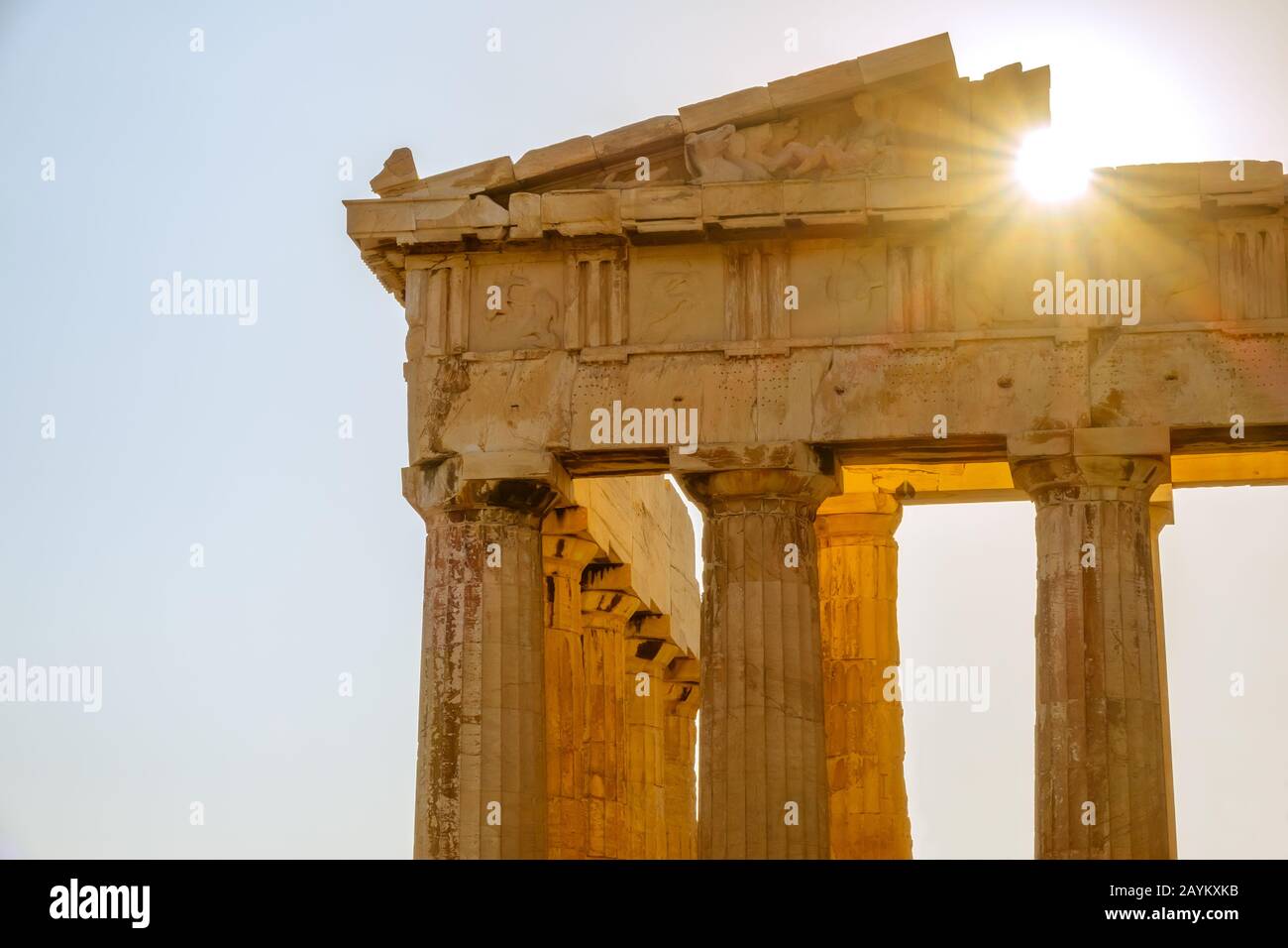 Greece. Athens. Part of the Parthenon facade and the sunbeams Stock ...