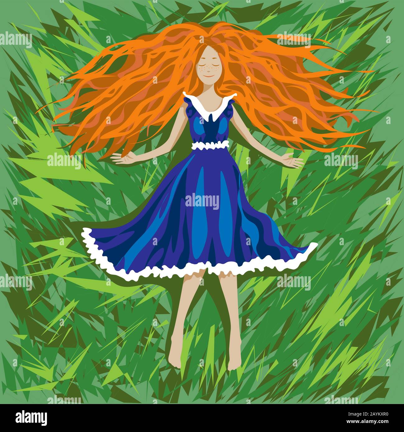 Cute cartoon freckles girl with long ginger hair in vintage dress lying ...