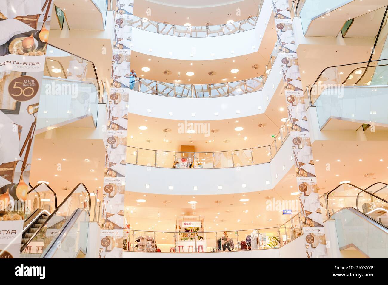 22 MAY 2018, LEIPZIG, GERMANY: Interior view of the Karstadt Mall in ...
