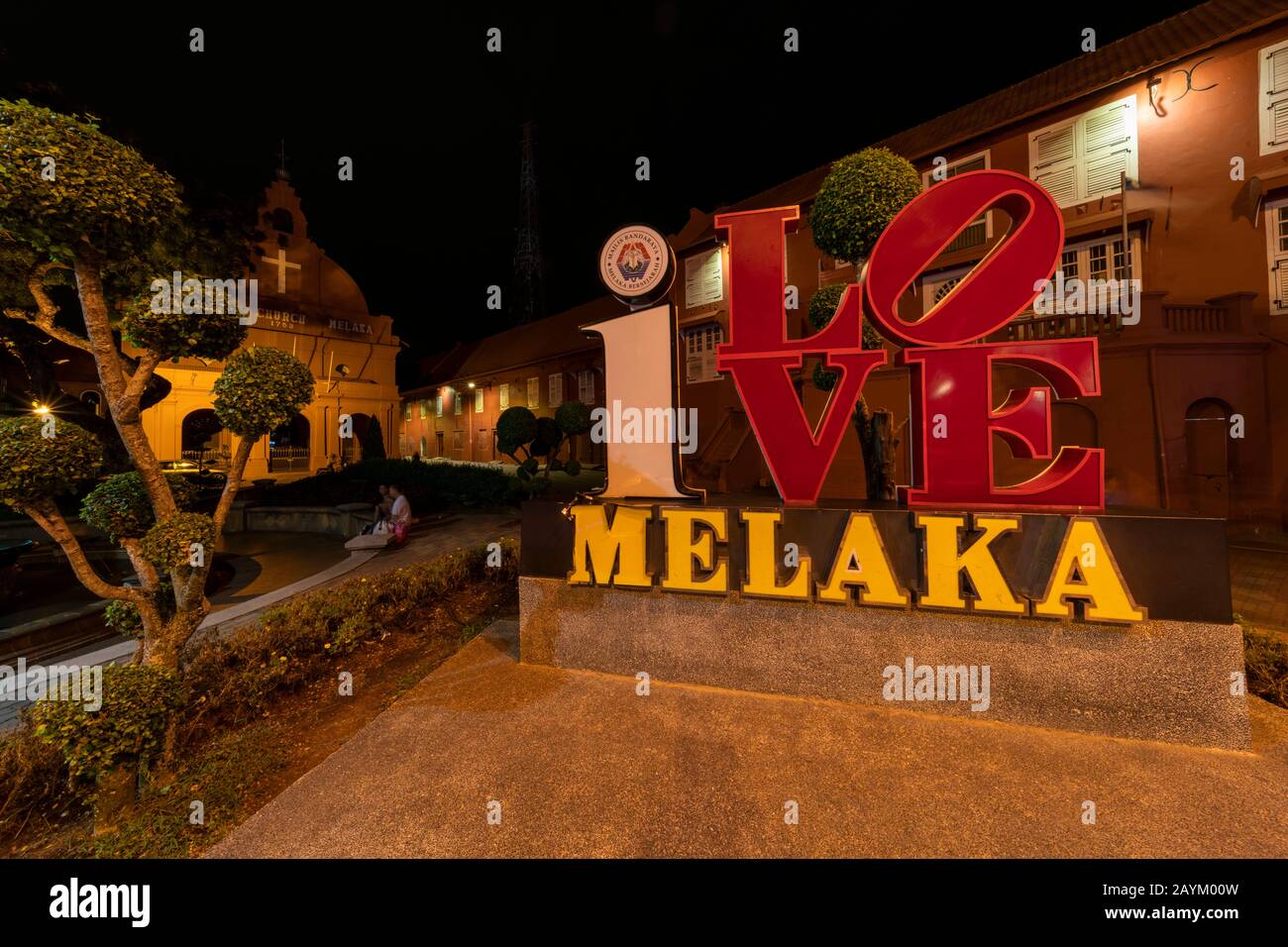 Night view of Malacca (Melaka) typical red colonial building at Dutch ...