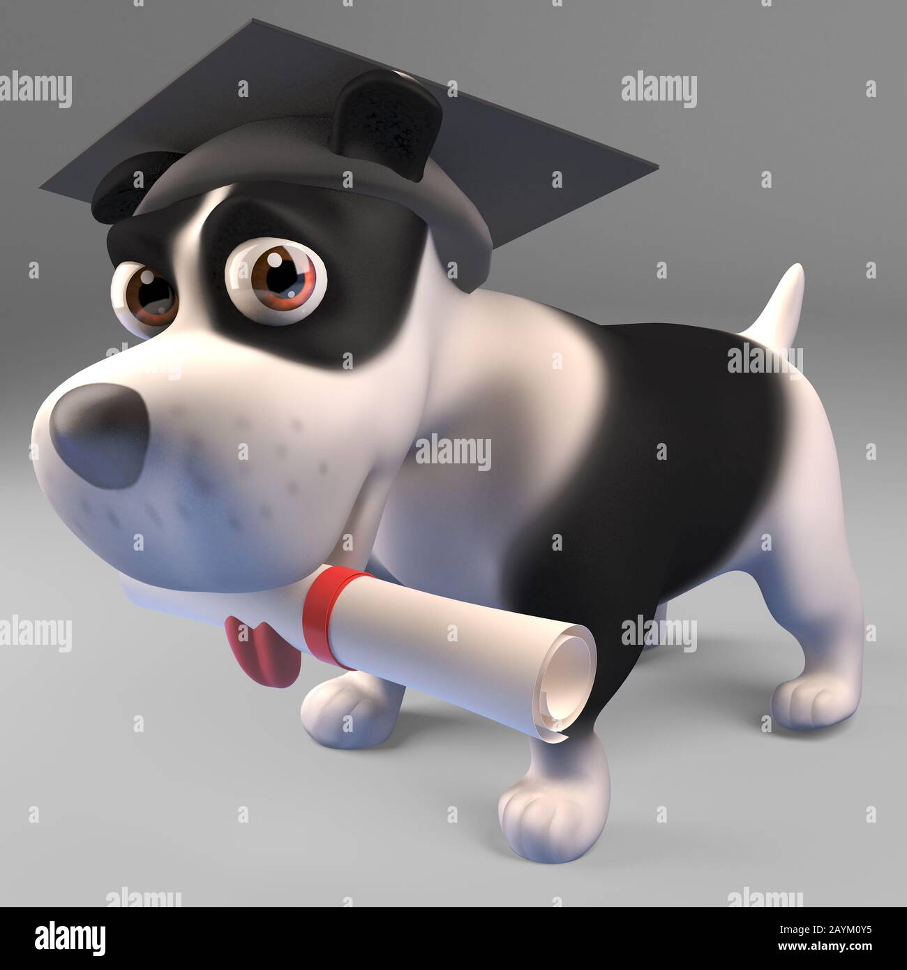 Clever black and white puppy dog graduate with a diploma, 3d ...