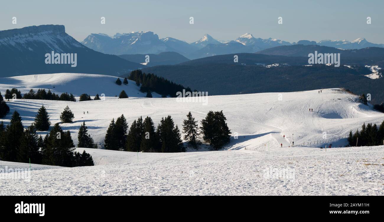 winter in the heights of the Semnoz above Annecy in the french alps ...