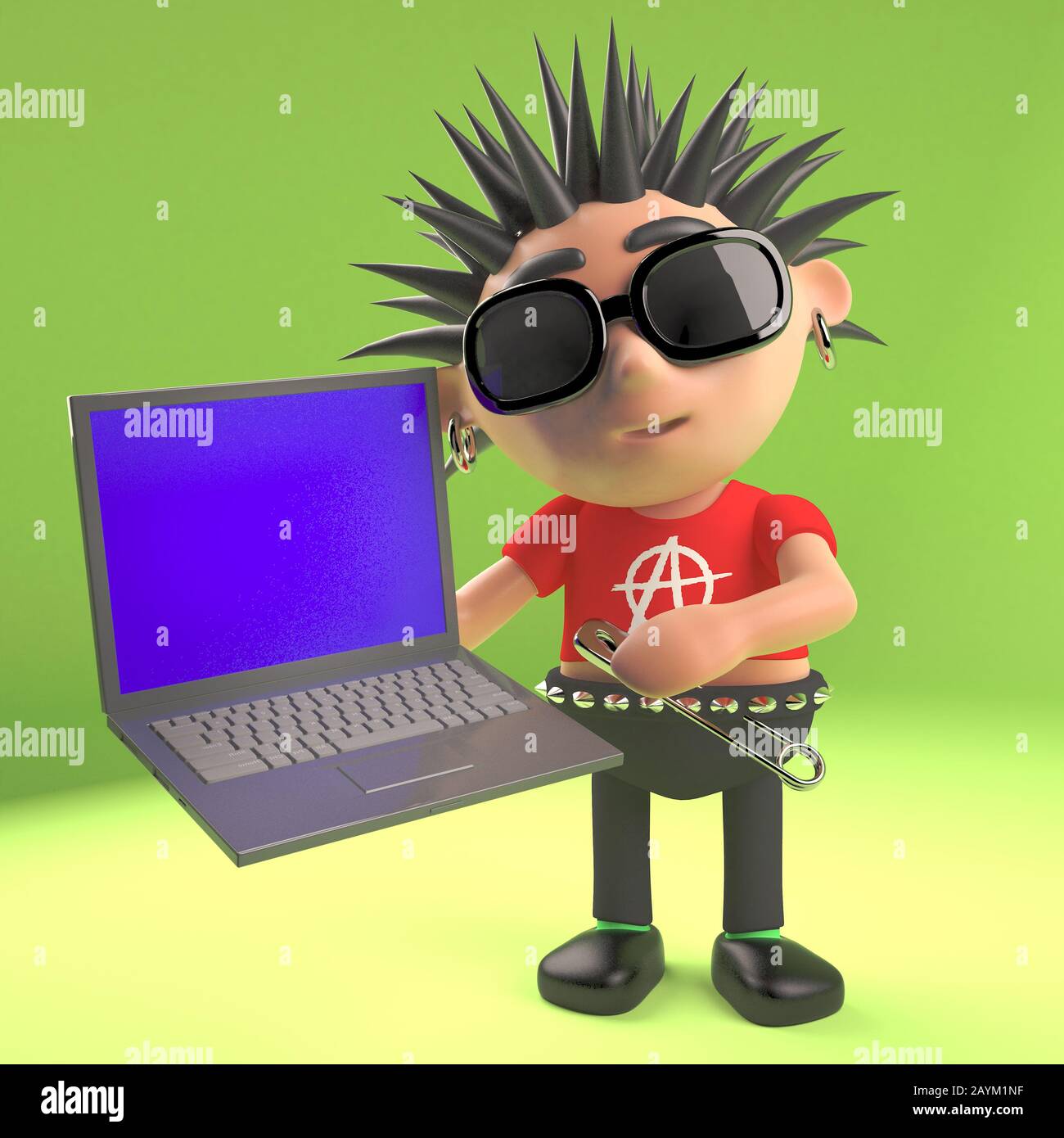 Technologically minded punk rocker using his new laptop, 3d ...