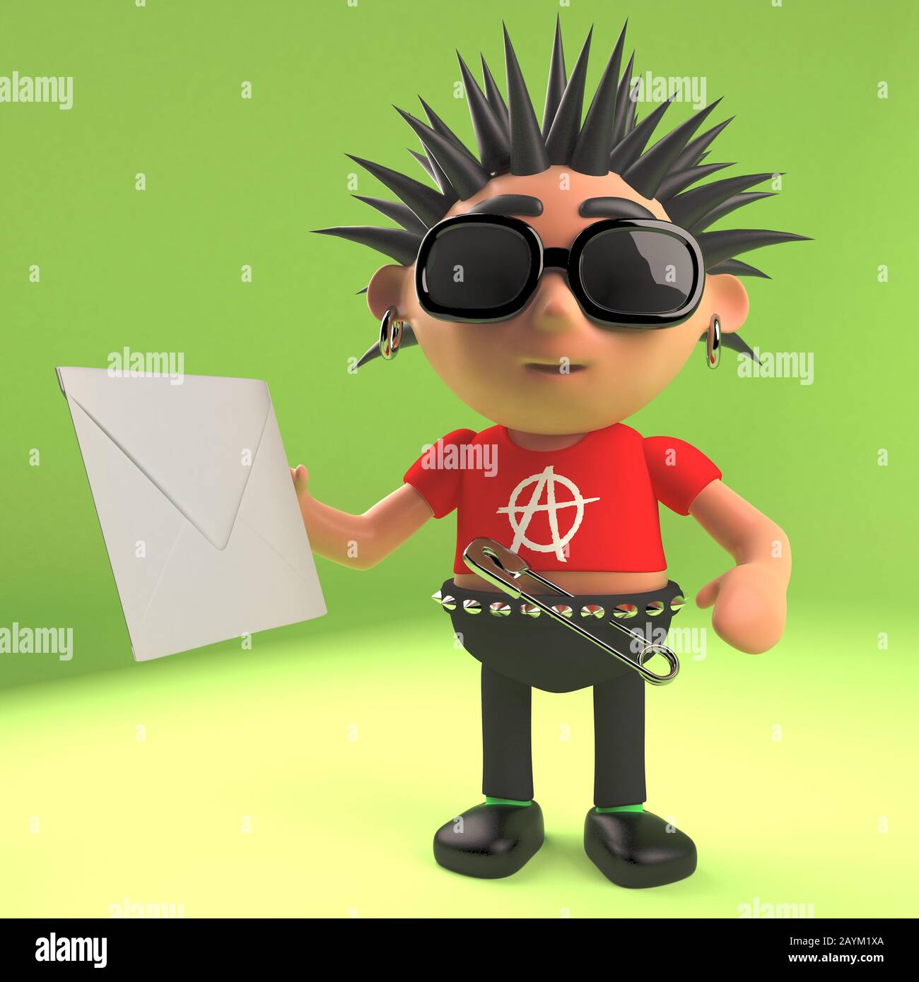 Vicious punk rock dude holding an envelope with a letter inside, 3d ...