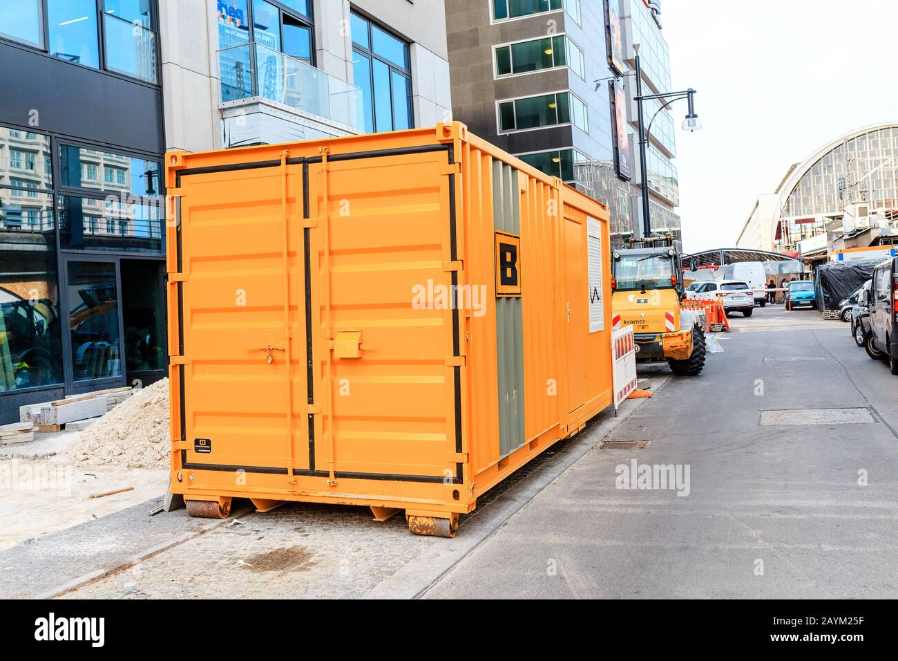 17 MAY 2018, BERLIN, GERMANY: Yellow Cargo container using as ...