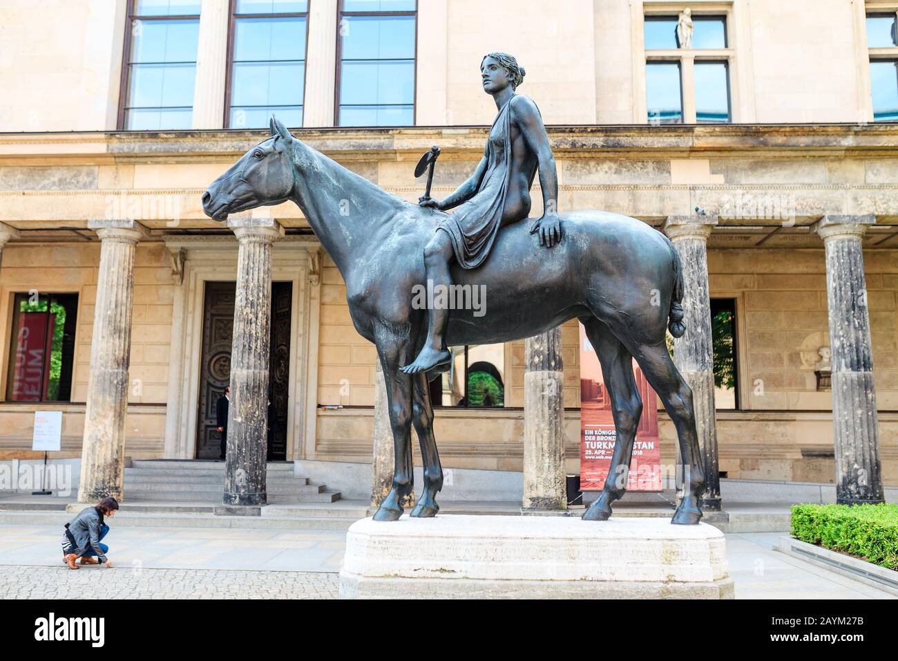 17 MAY 2018, BERLIN, GERMANY: The bronze sculpture of Amazon woman on horse in the Museum Island ...