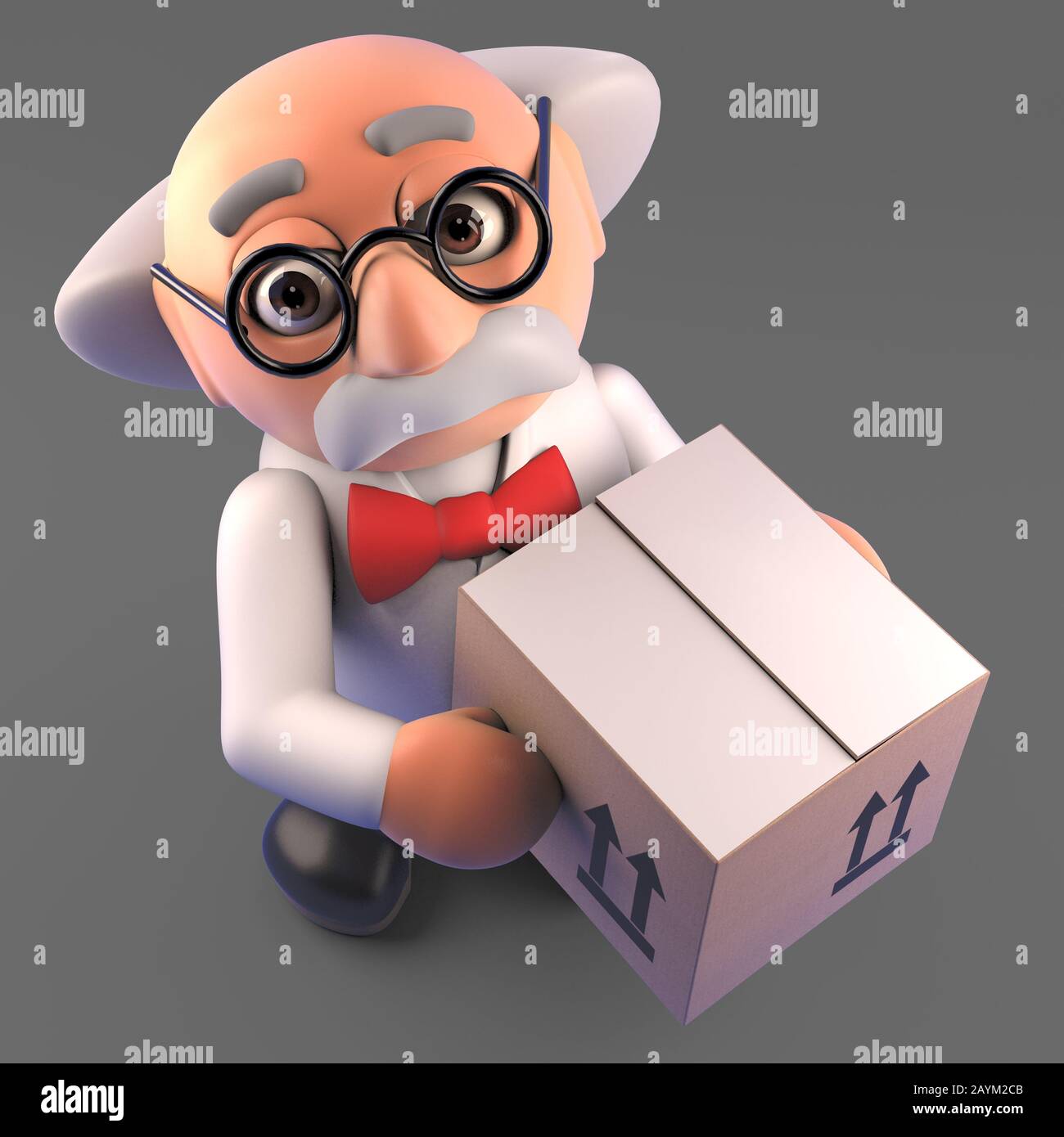 Happy mad scientist professor takes delivery of a box, 3d illustration ...