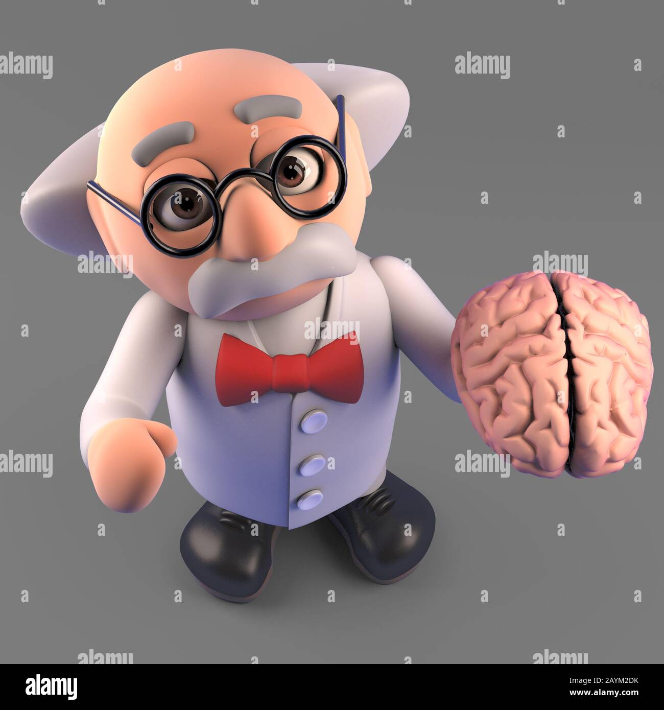 Mad scientist professor studying a human brain, 3d illustration render ...