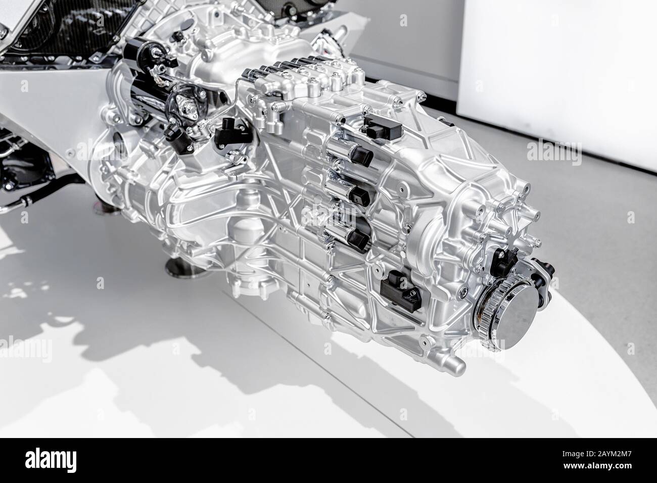 Close-up detail view of the internal combustion engine of a powerful ...