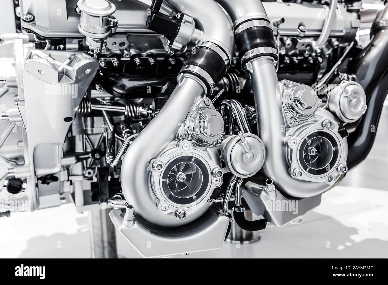 Close-up detail view of the internal combustion engine of a powerful ...