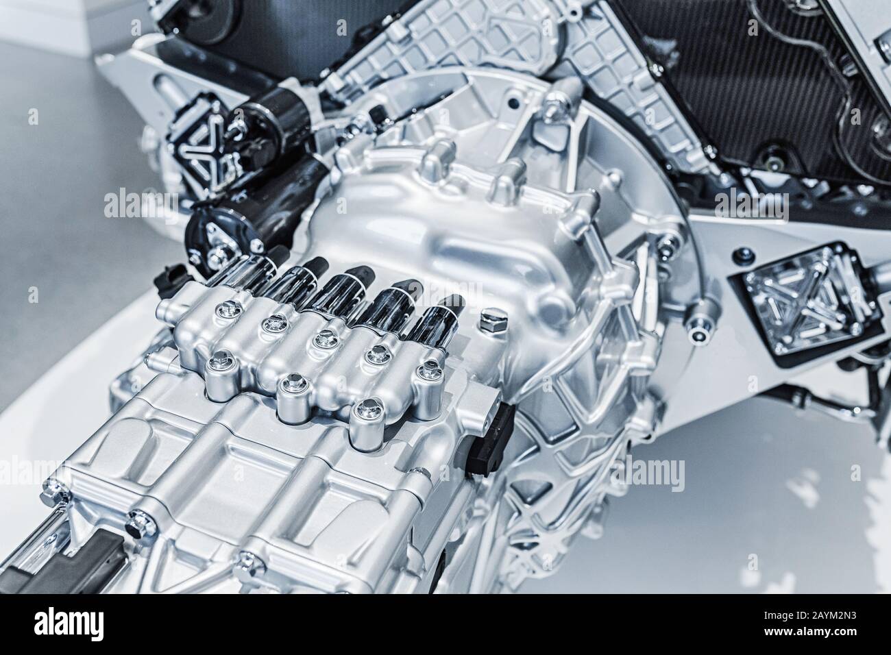 Close-up detail view of the internal combustion engine of a powerful ...