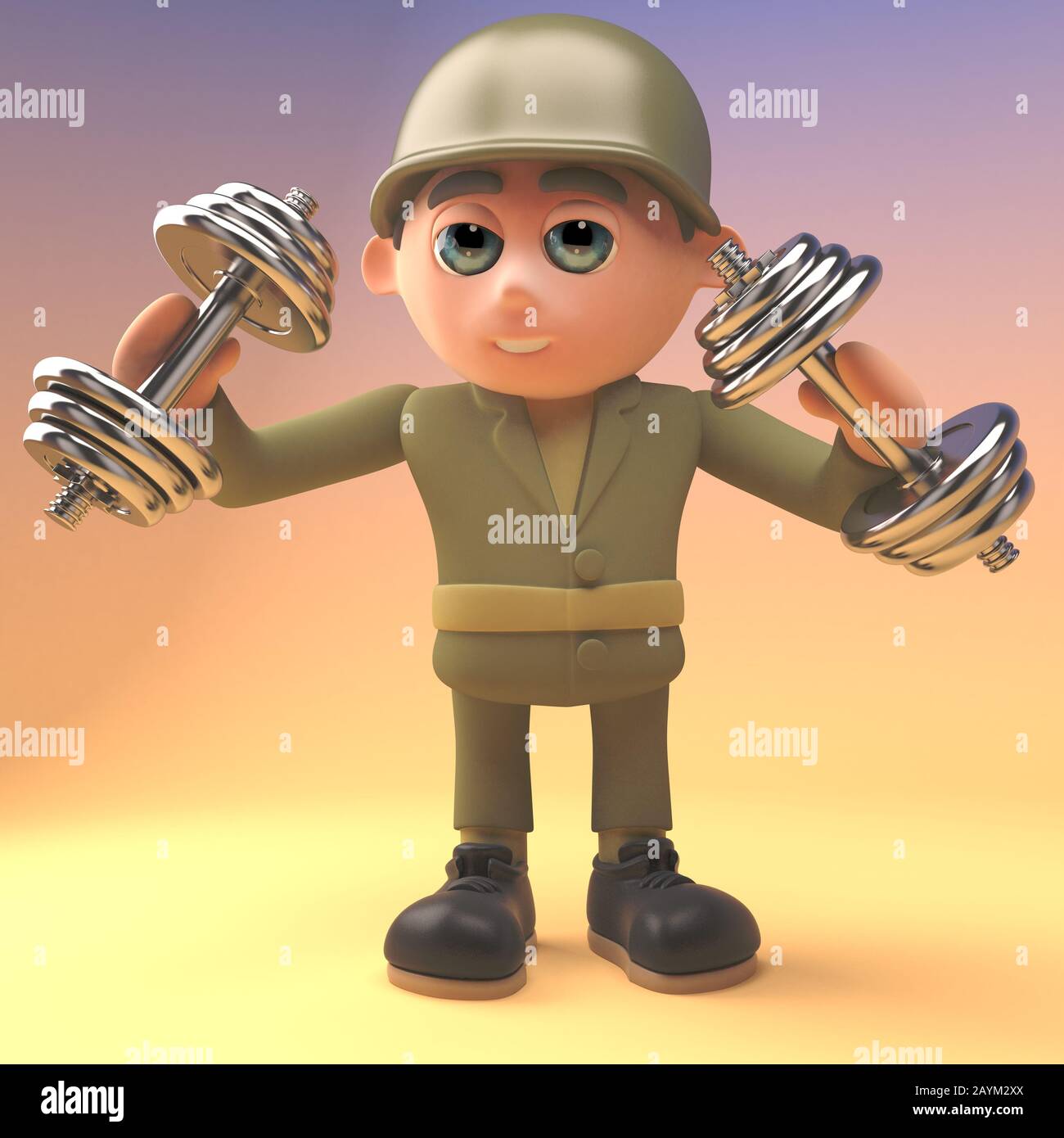 Brave army soldier is weight training with some weights, 3d ...