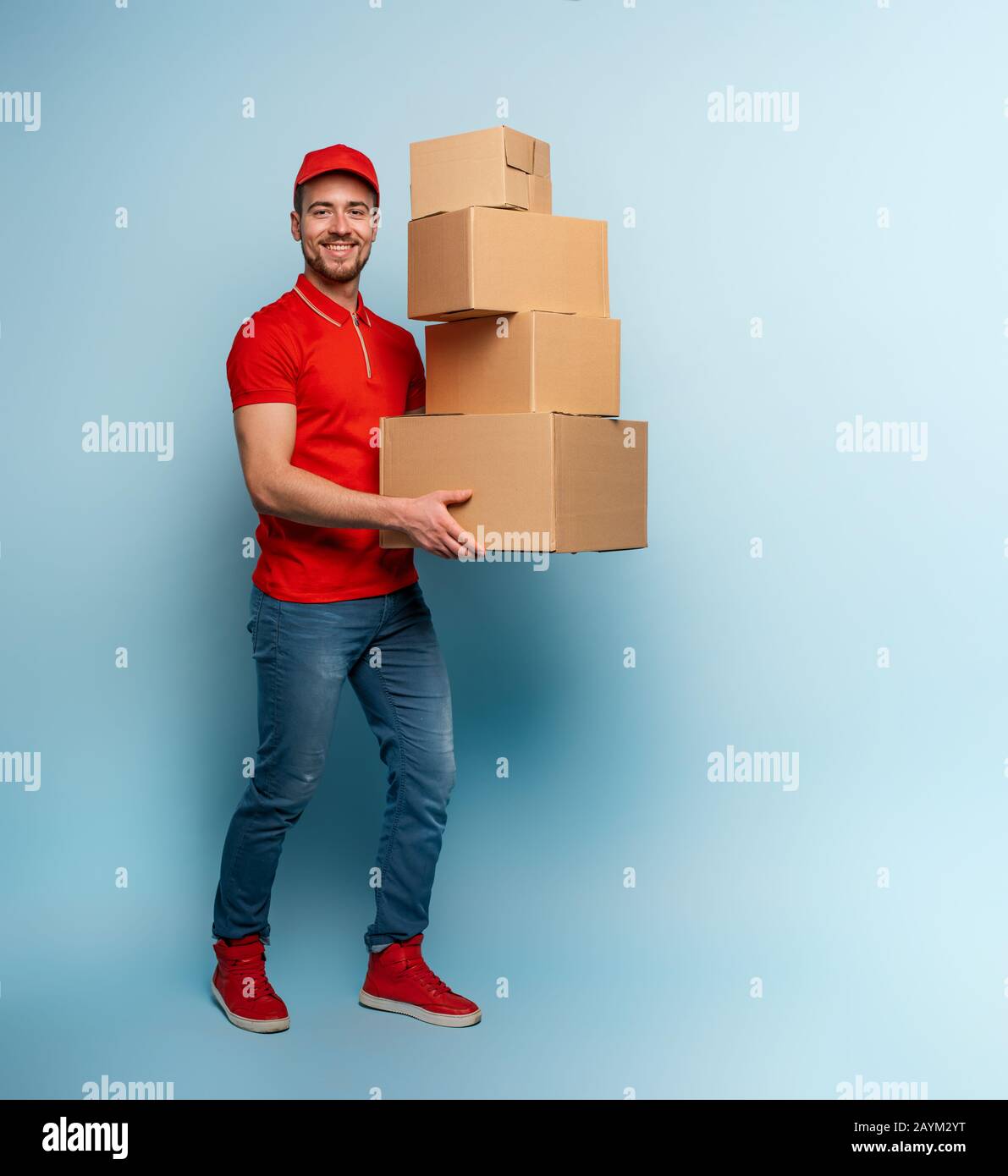 Courier has a lot of boxes to delivery. Emotional expression. Cyan ...