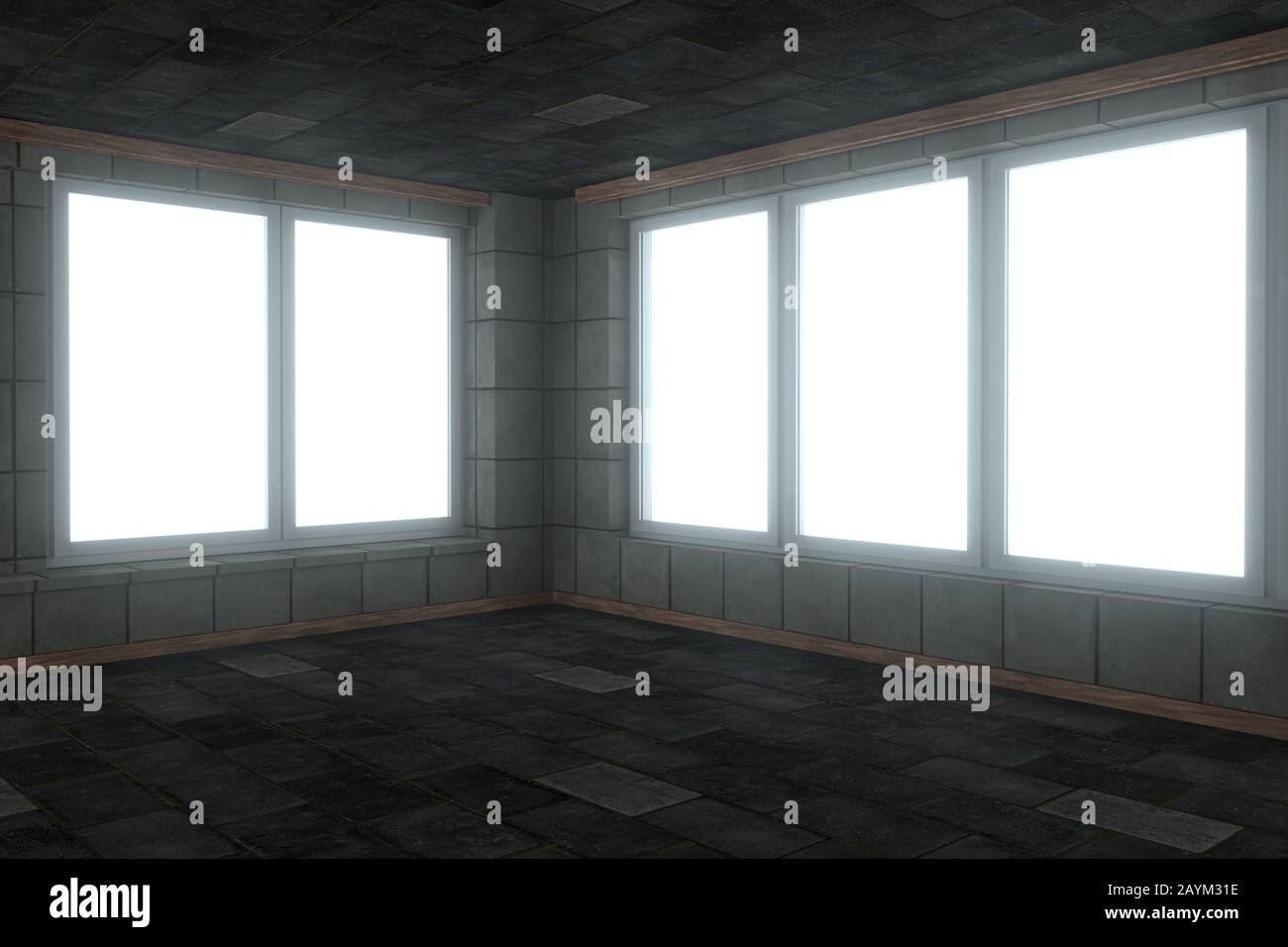 Empty brick house with dark background,3d rendering. Computer digital ...