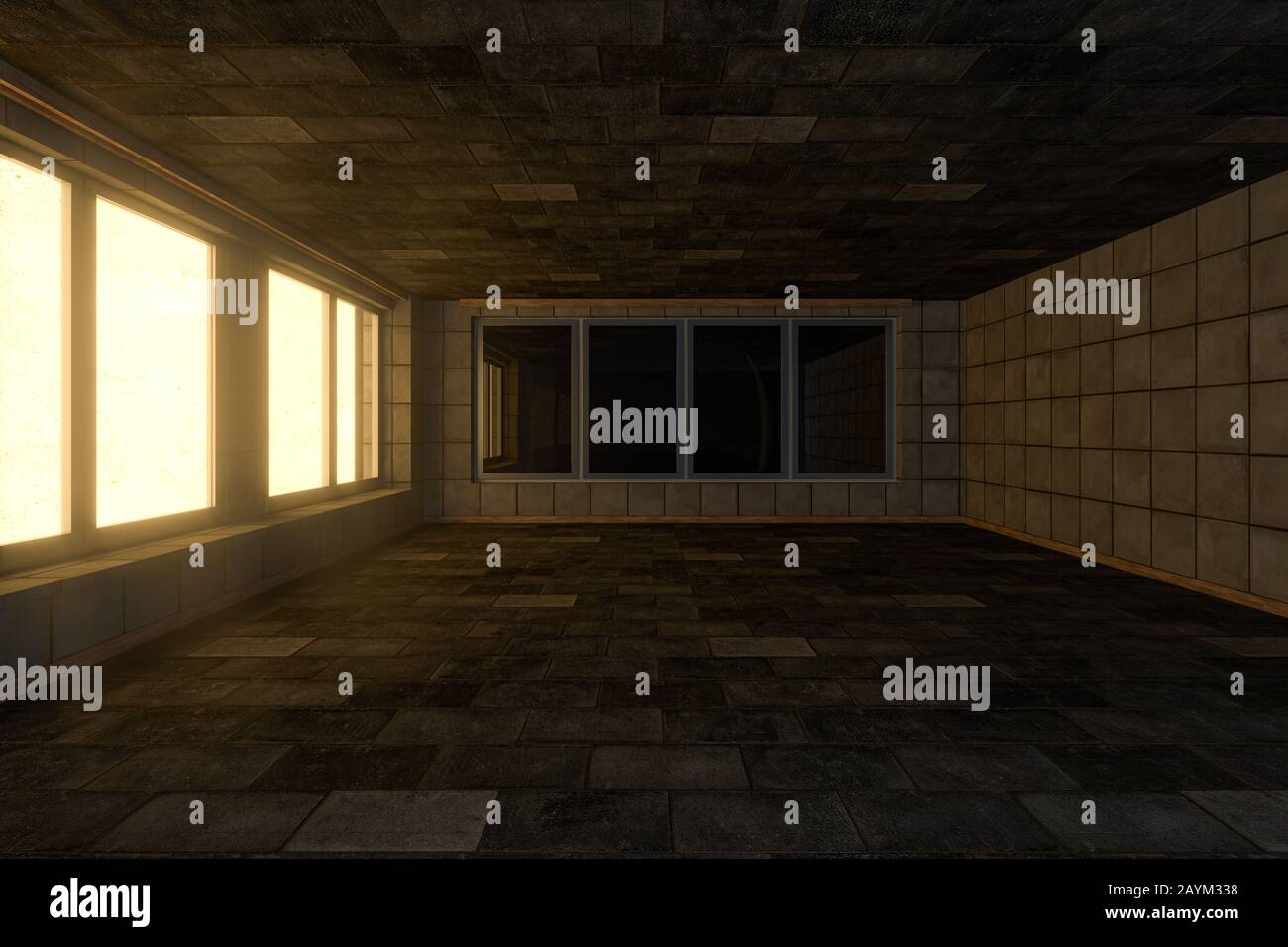 Empty brick house with dark background,3d rendering. Computer digital ...