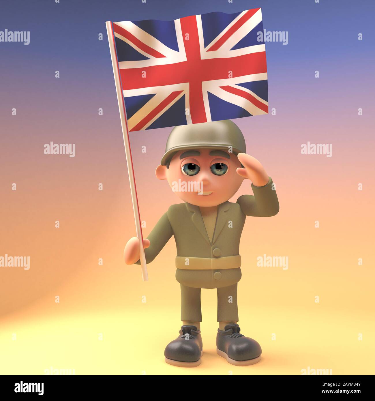 Heroic army soldier salutes while holding the British flag, 3d ...