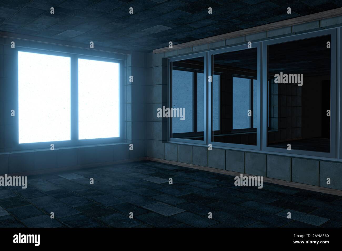 Empty brick house with dark background,3d rendering. Computer digital ...