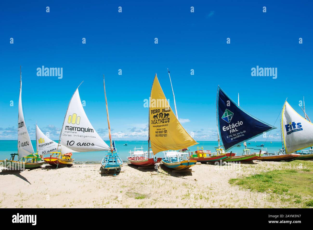 MACEIO, BRAZIL - MARCH 22, 2011: Traditional sailboats line the beach ...