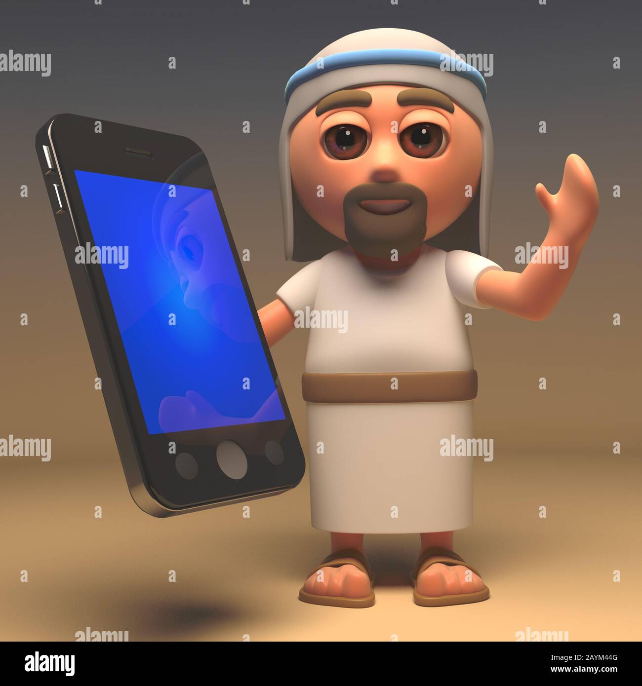 The saviour Jesus Christ holds a smartphone tablet device, 3d ...