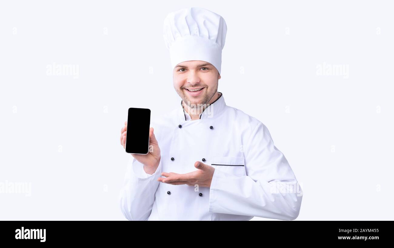 Restaurant Chef Showing Cellphone With Empty Screen On White Background ...