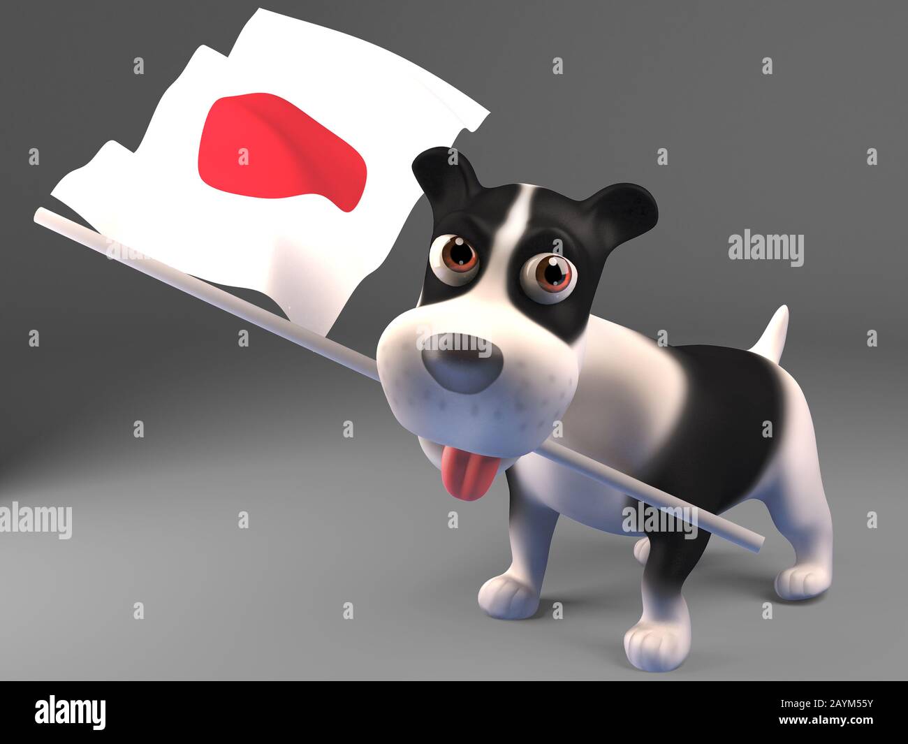 Rendered image of a cartoon 3d puppy dog carrying the Japanese flag ...
