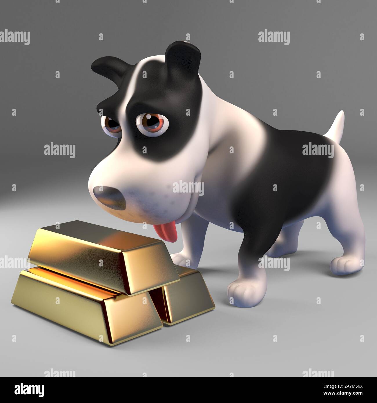 Rich black and white puppy dog with a stack of gold bullion ingots, 3d ...