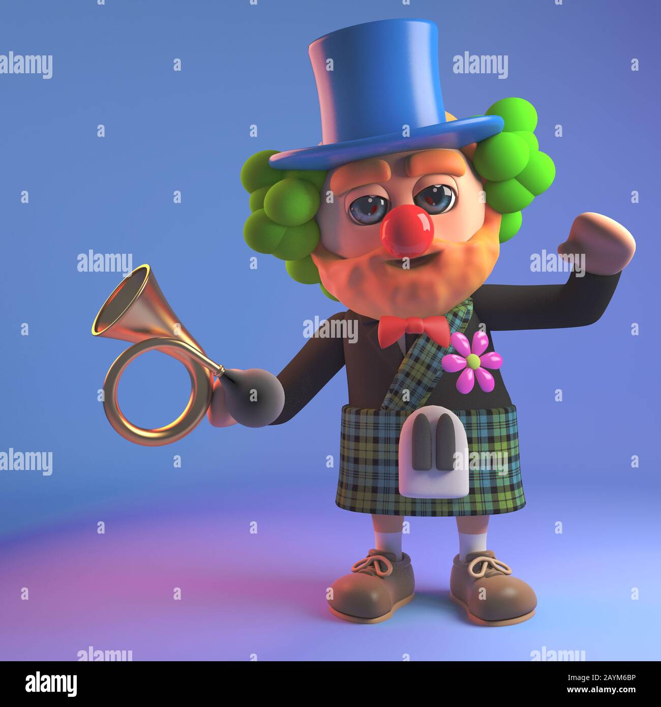 Funny Scottish man in kilt dresses as a clown with car horn, 3d ...
