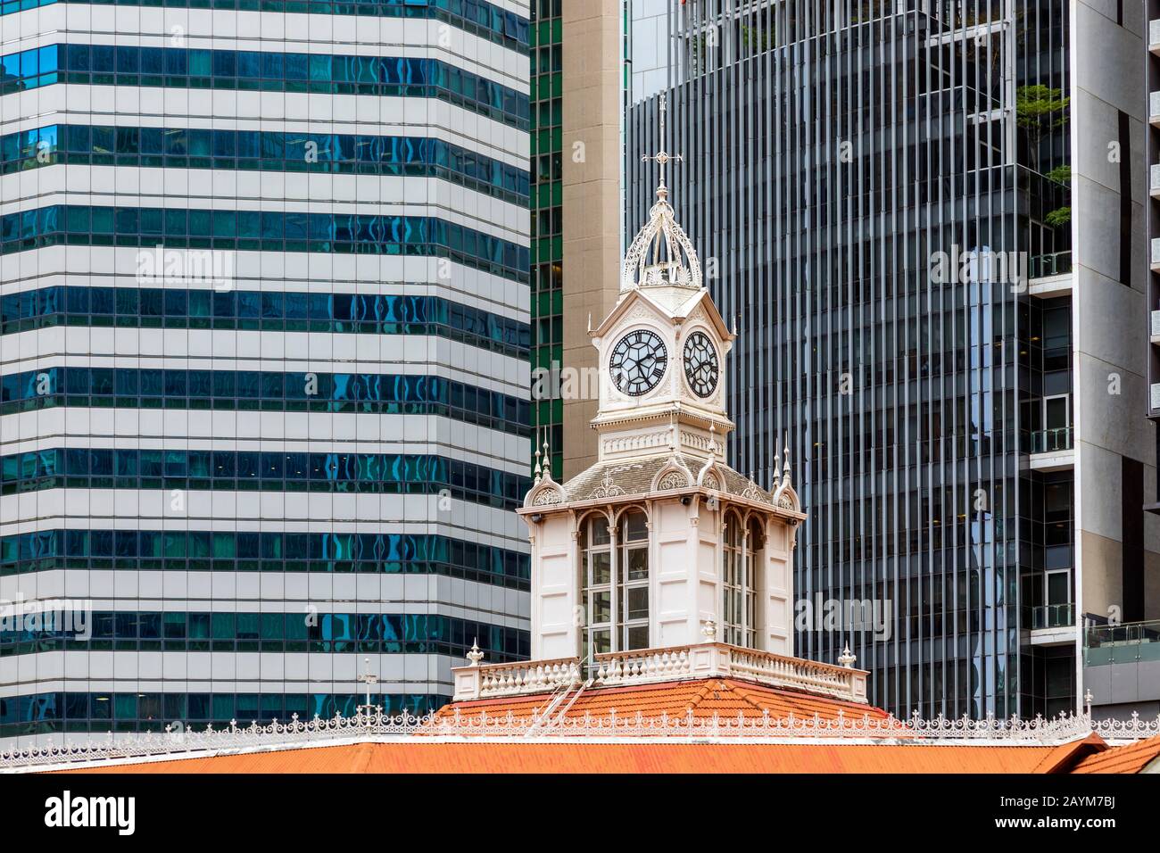 19th century clock and church spire of St Joseph's church set against ...