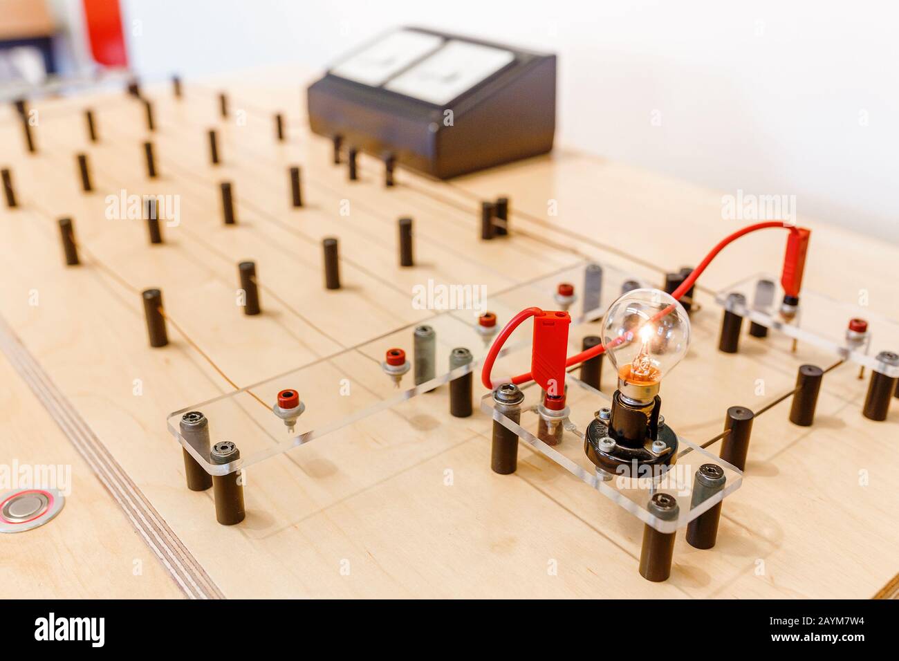 School experiment with electric circuit and a light bulb, physics ...