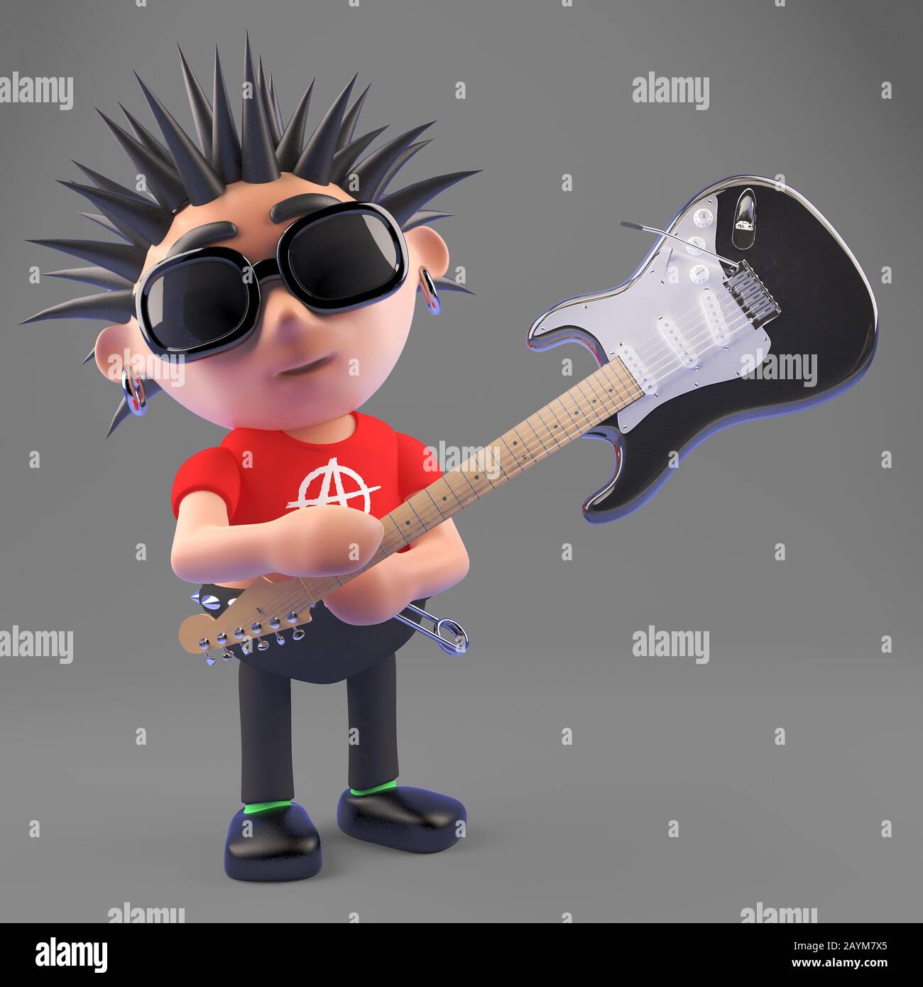 Vicious punk rock character smashing his electric guitar, 3d ...